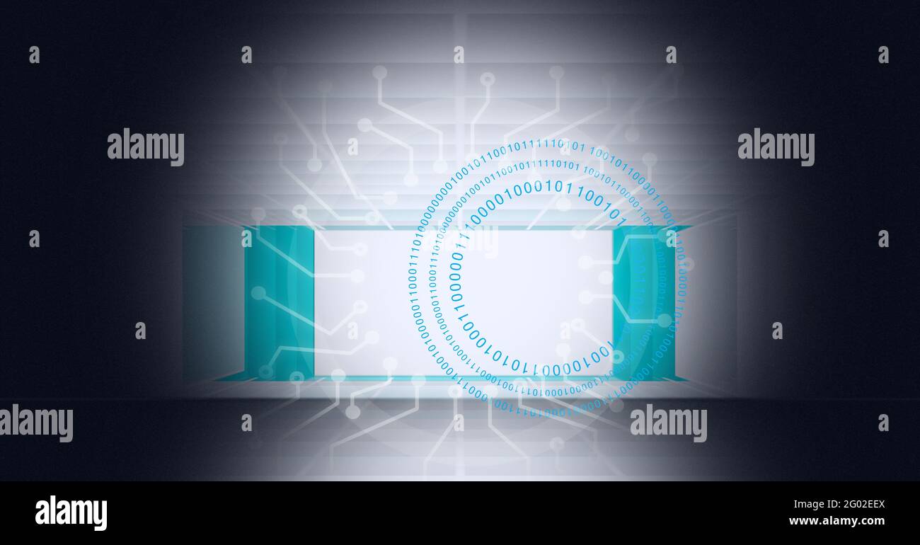 Composition of white circuits and binary code spiral on vignetted 3d ...