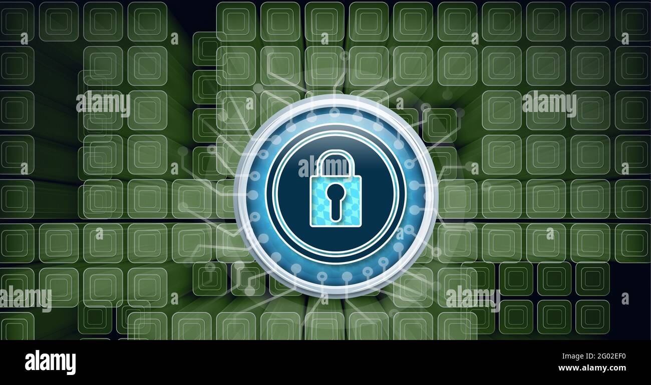 Composition of blue padlock icon with circuits on background of green ...