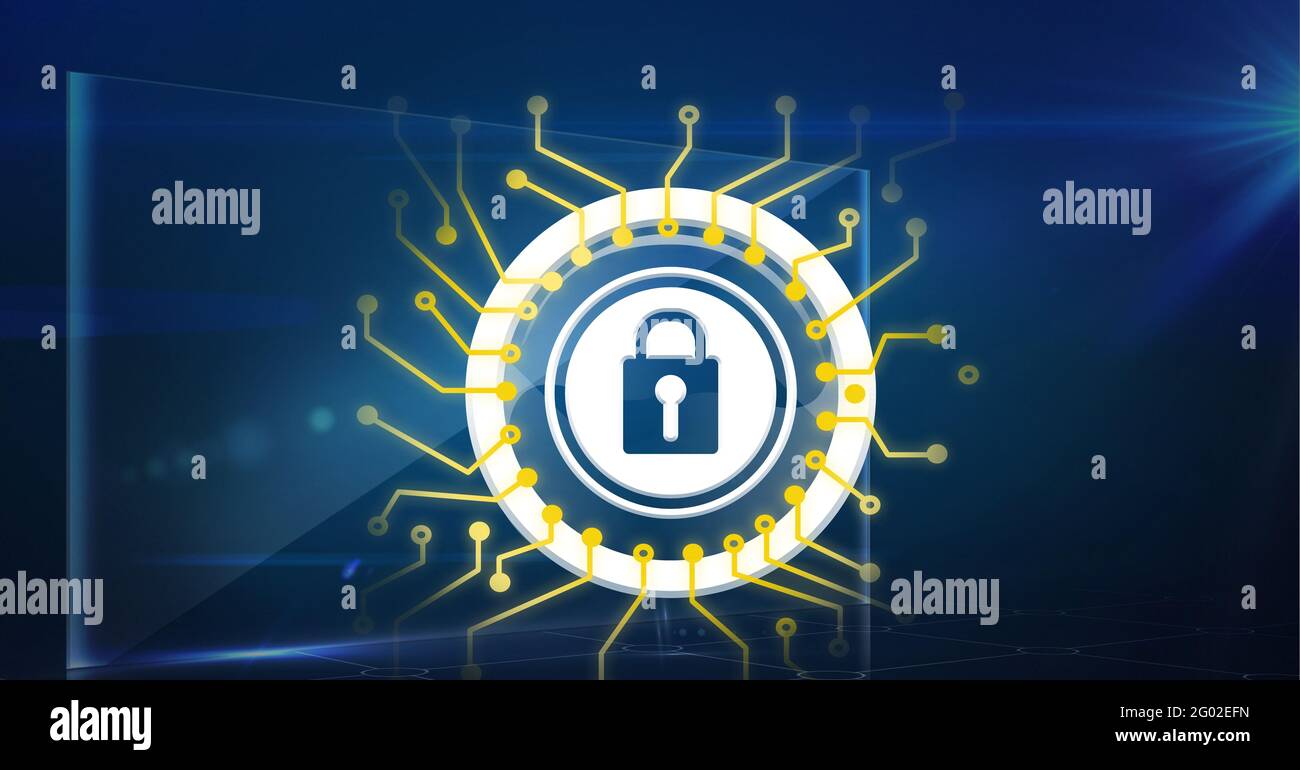 Composition of white padlock icon with circuits on transparent screen ...