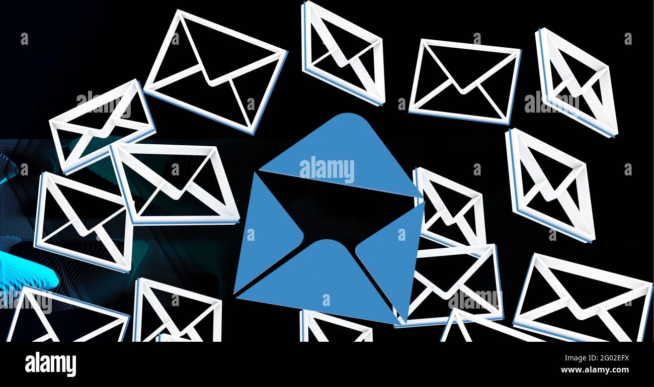 Composition of blue open envelope and white envelope email icons on ...