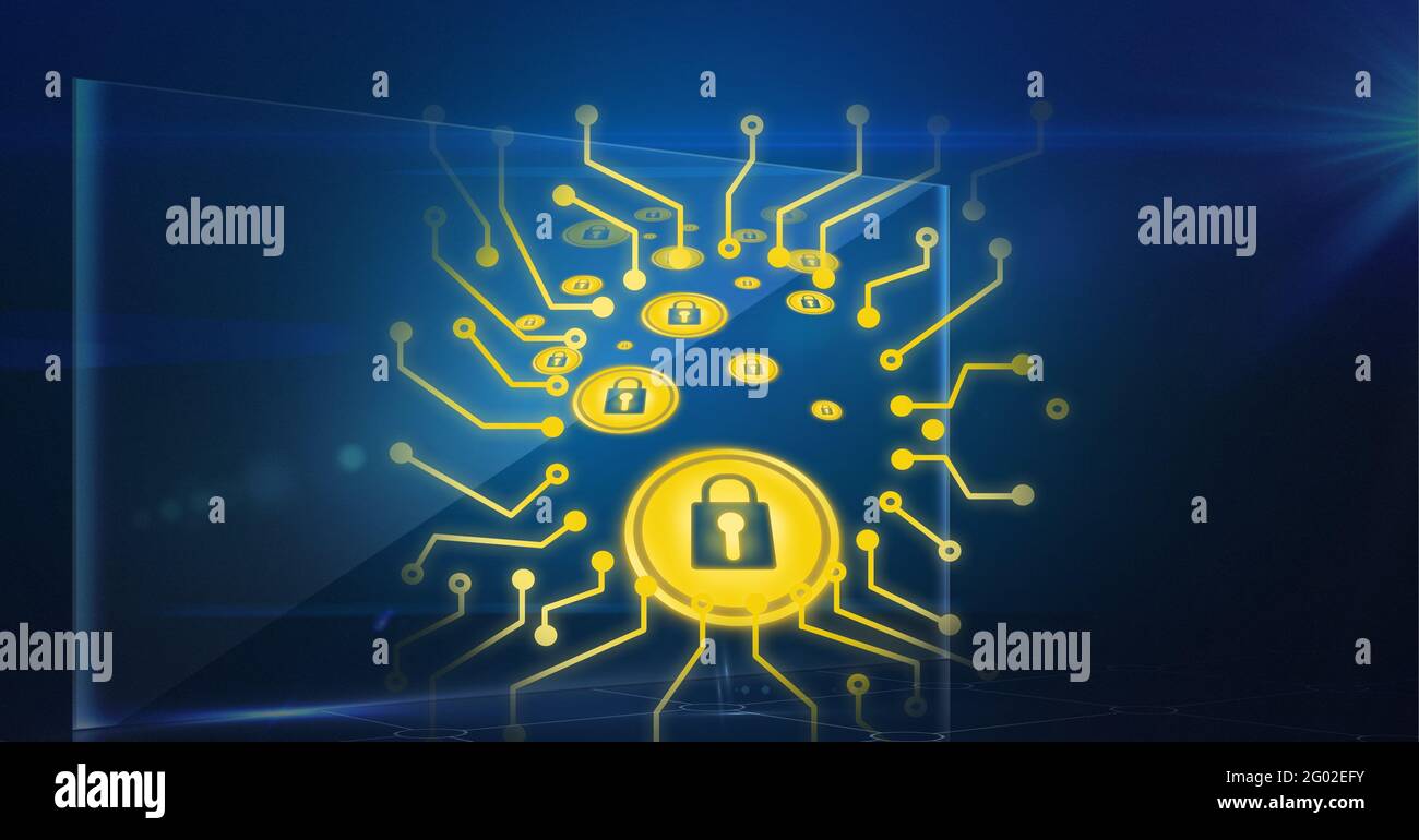 Composition of yellow padlock icons with yellow circuits on transparent ...