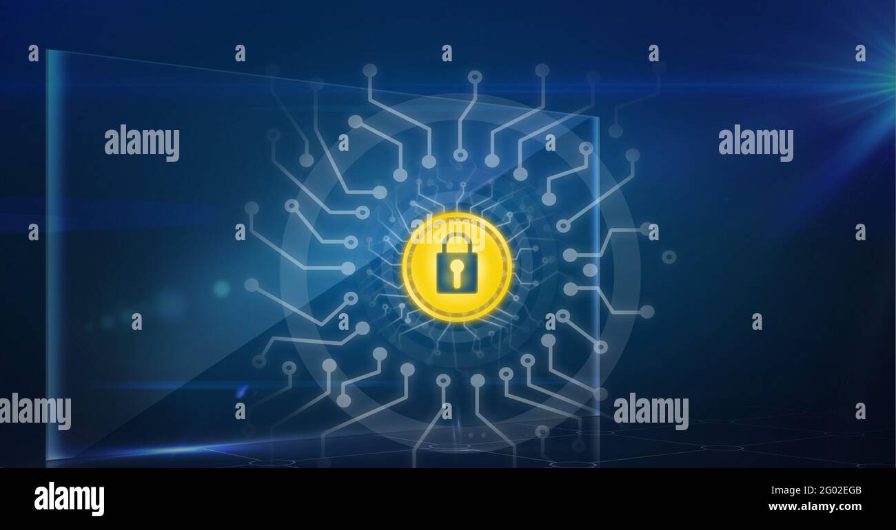 Composition of yellow padlock icon with circuits on transparent screen ...