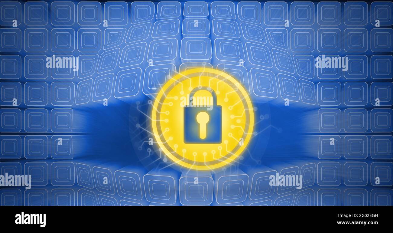 Composition of yellow padlock icon with circuits on background of blue ...