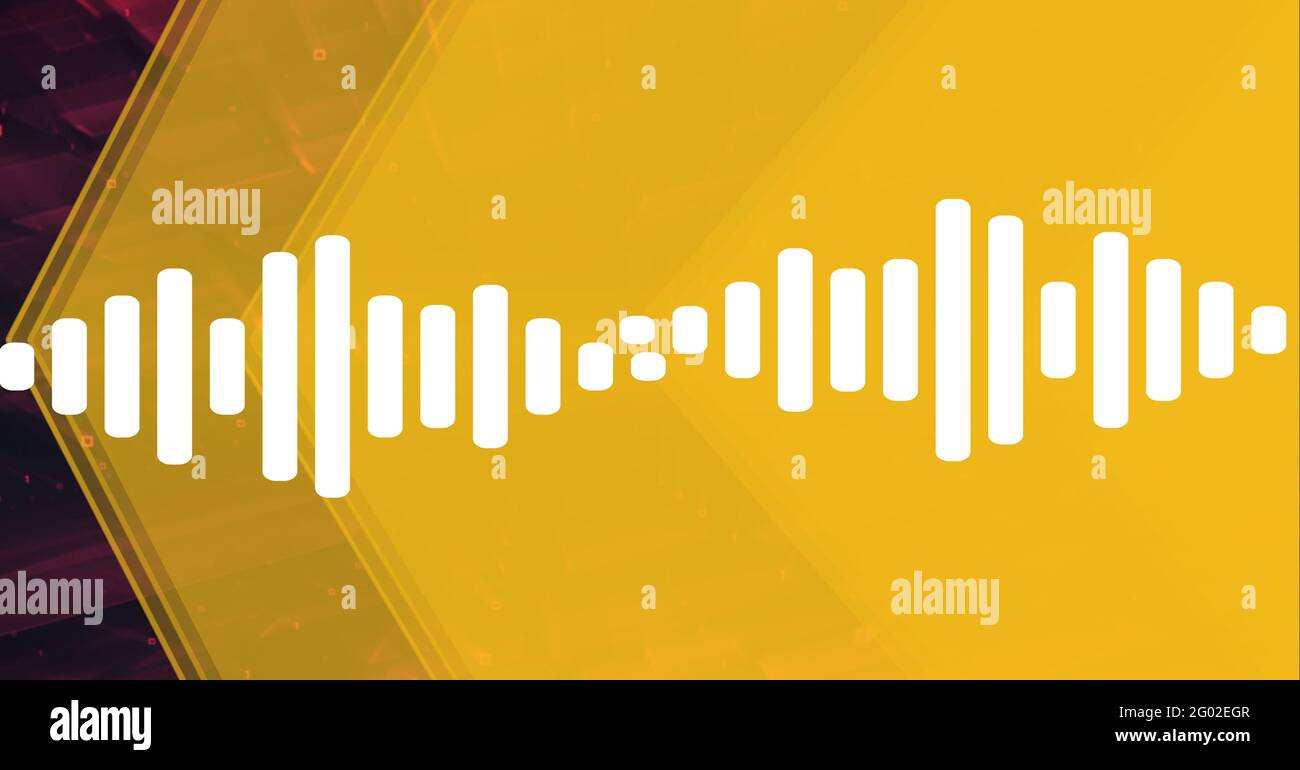 Composition of white sound frequency level meter over yellow chevrons ...