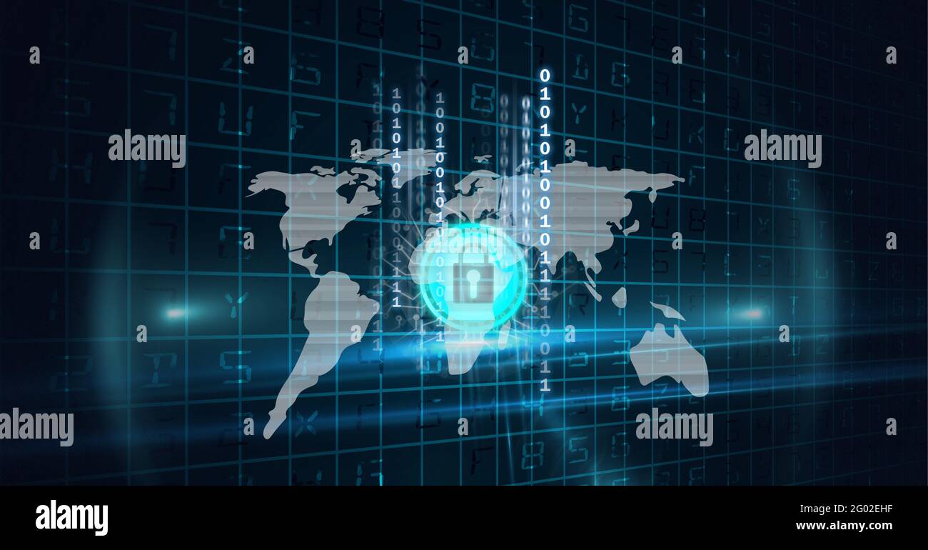 Composition of blue padlock icon with map and binary over grid, with ...