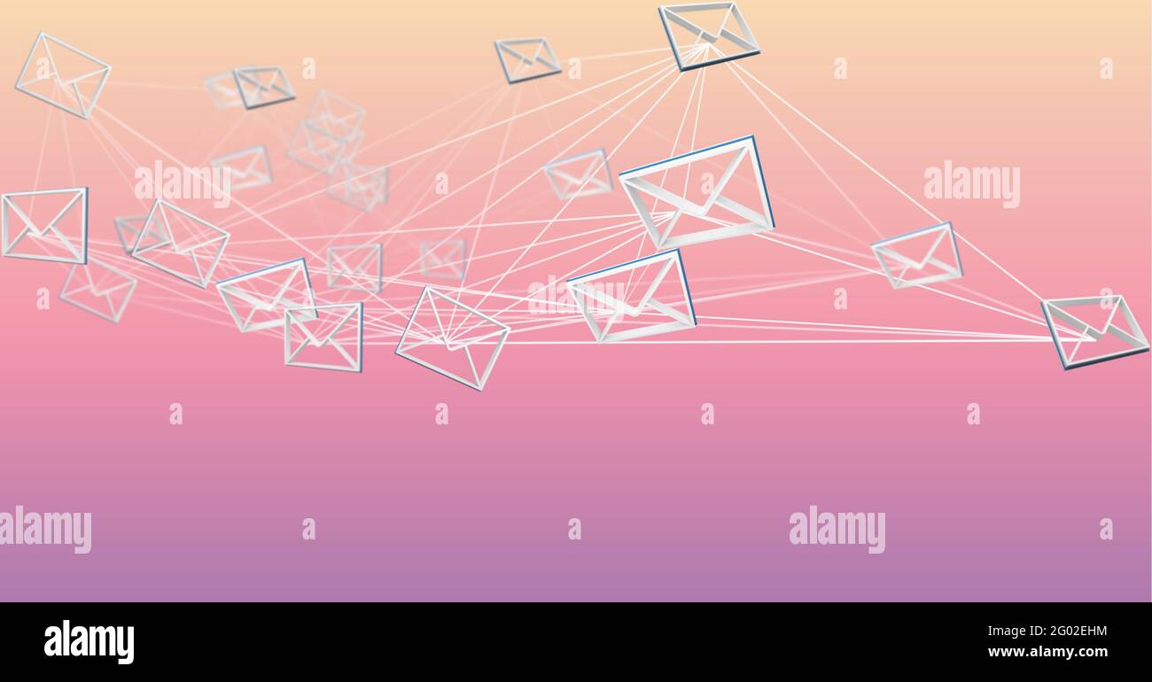Composition of network of connected envelope email icons on soft pink ...