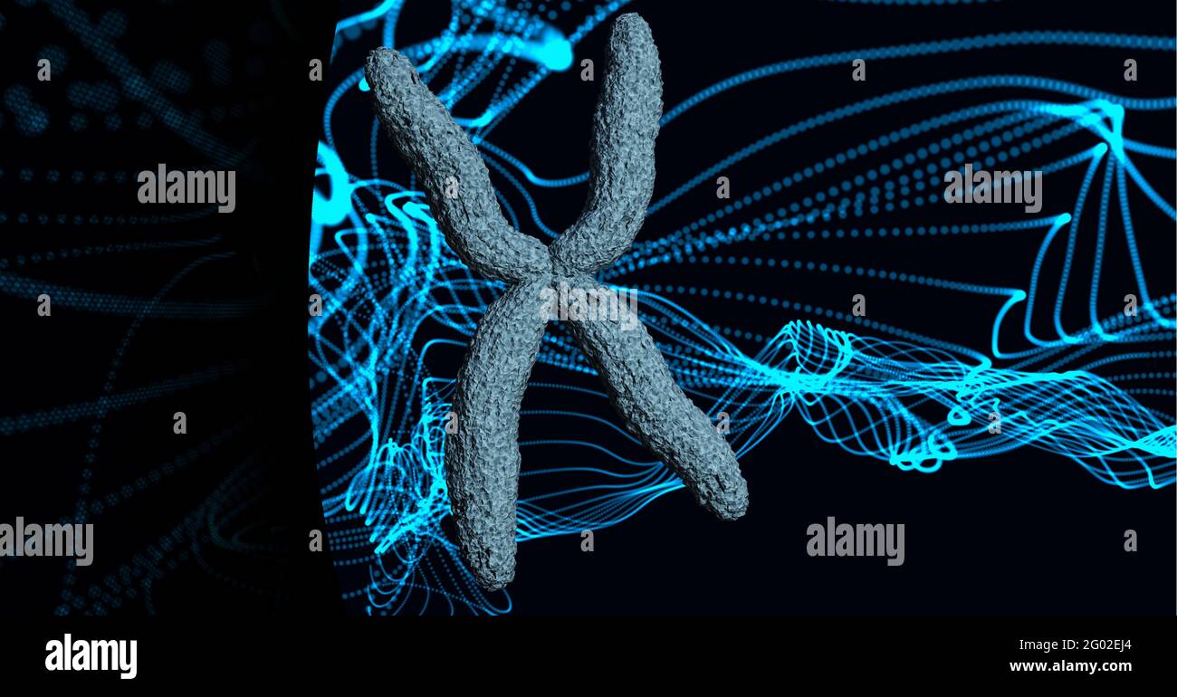 Composition of 3d chromosome over blue light trails on black background ...