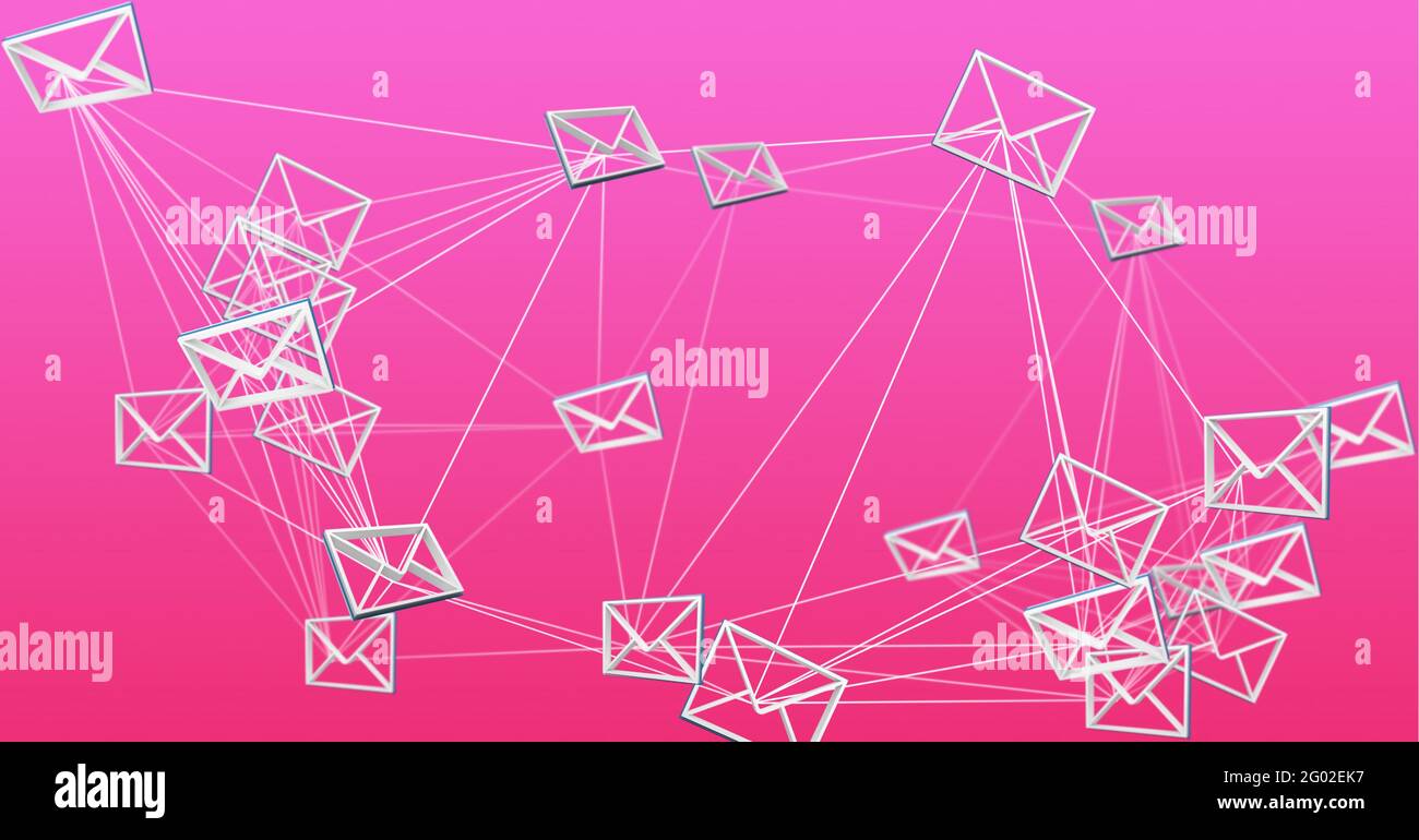 Composition of network of connected envelope email icons on bright pink ...