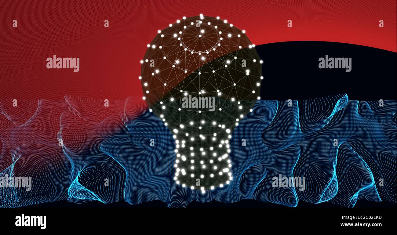 Composition of light bulb formed with network of connection on red ...