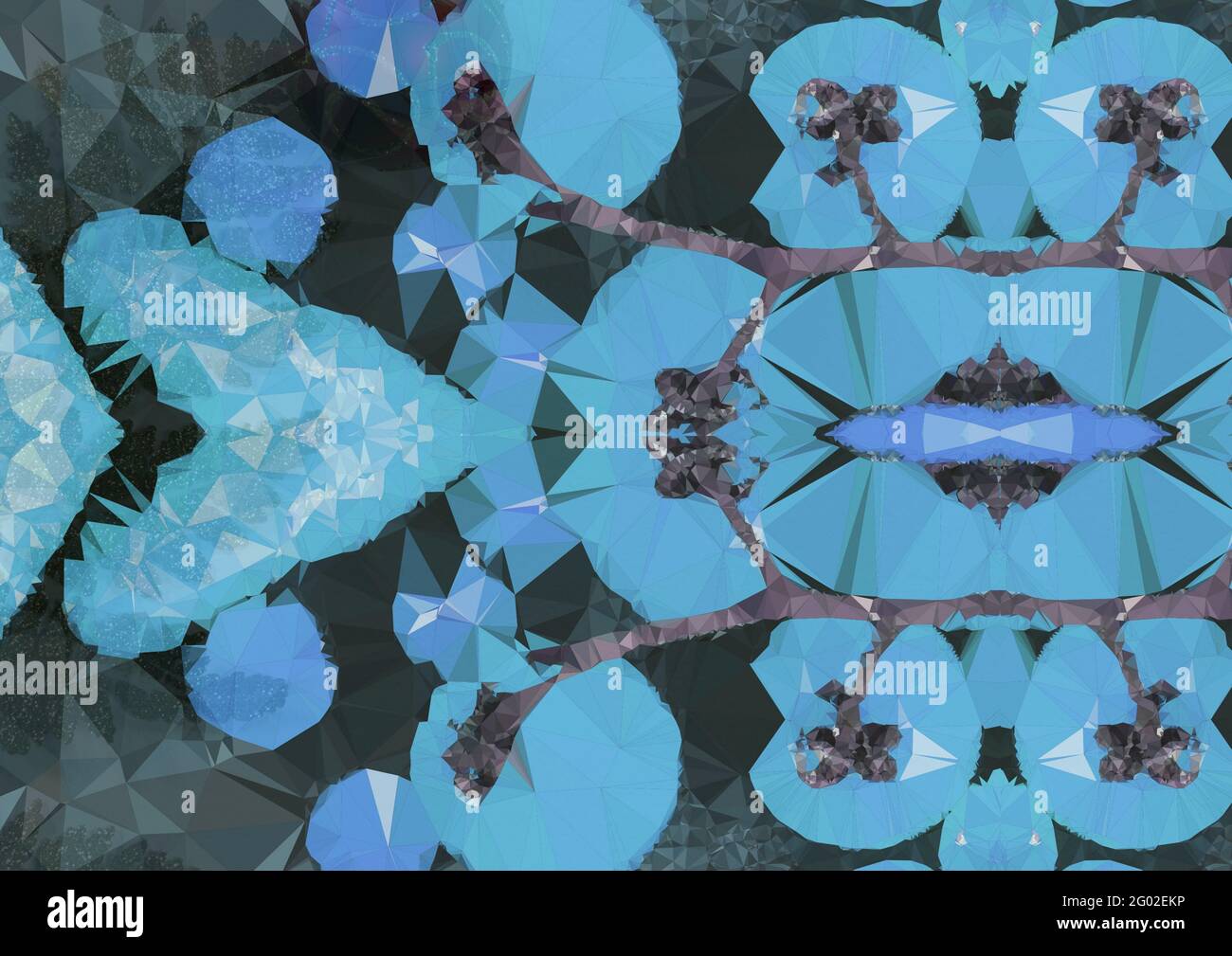 Composition of turquoise kaleidoscopic shapes on dark grey textured ...