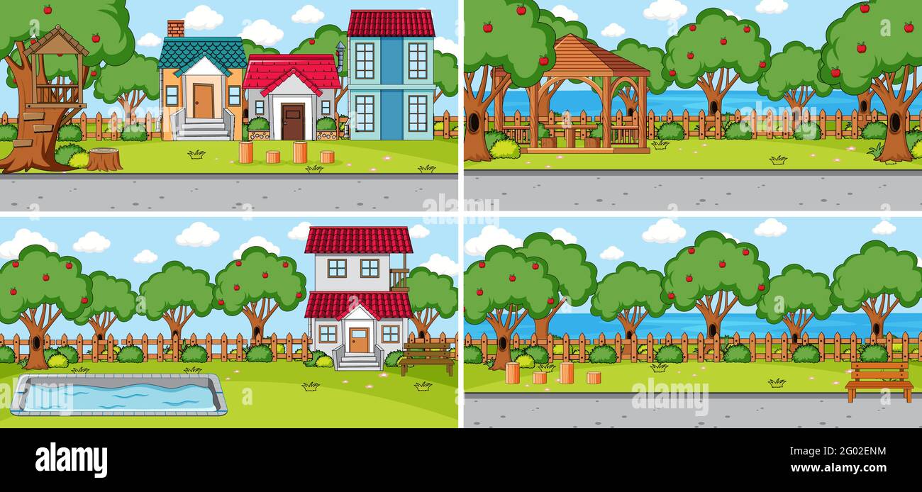 Outdoor scene set with many kids doodle cartoon character illustration ...