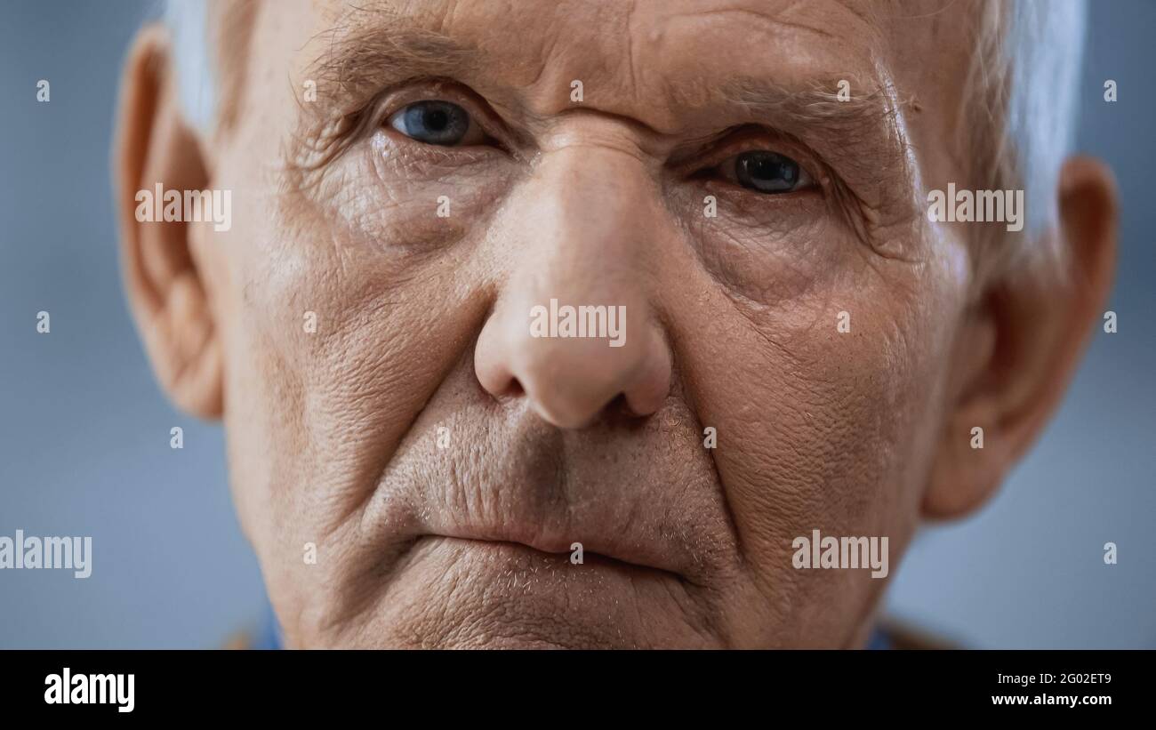 close up view of elderly man looking at camera on grey background Stock ...