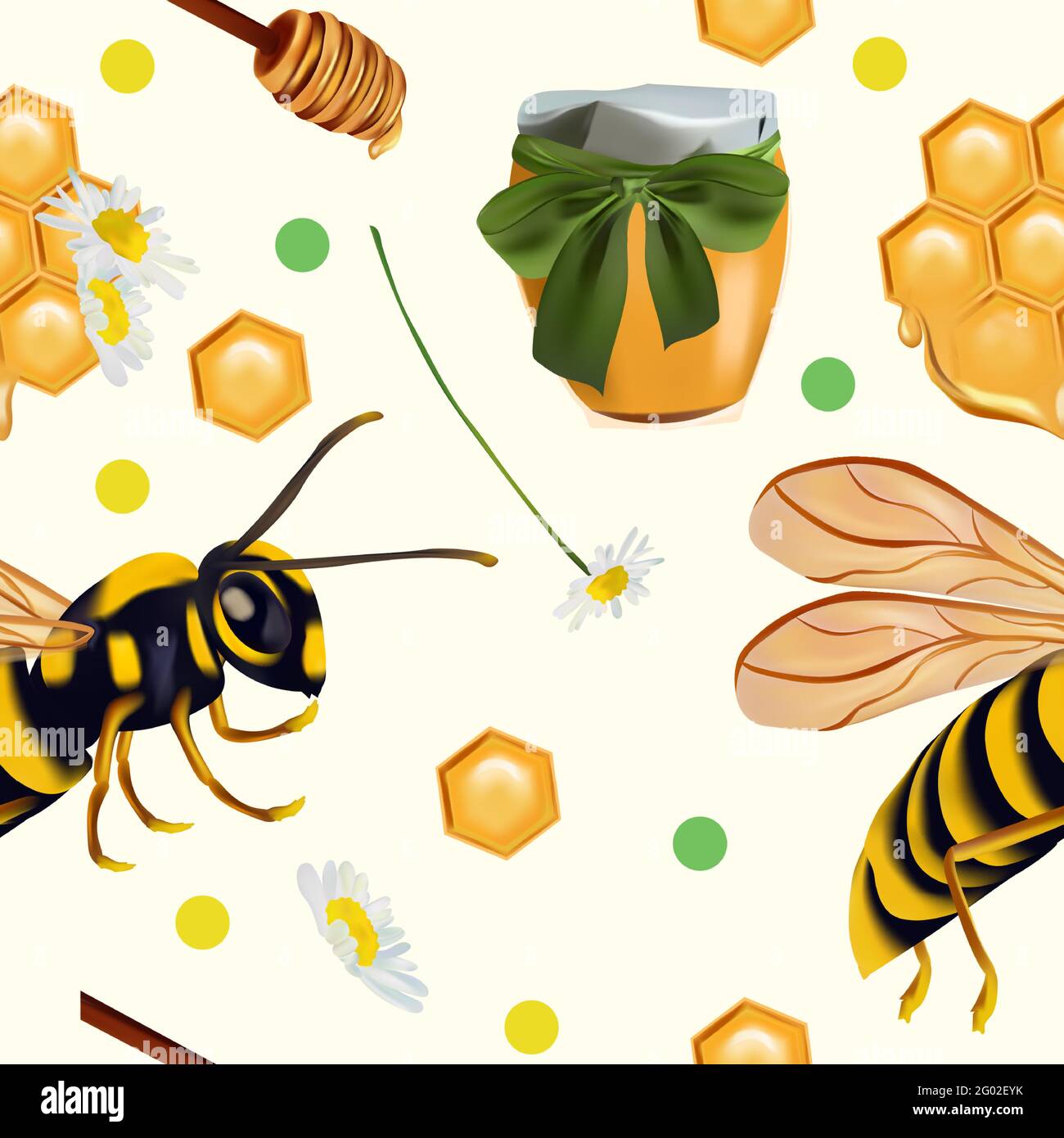 Seamless pattern with Glass jars with Honey, Wooden Hive, beehive, wasp ...