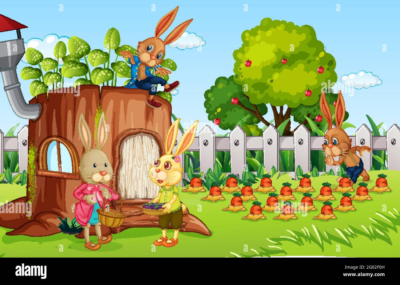 Outdoor scene with many rabbit cartoon character in the garden ...