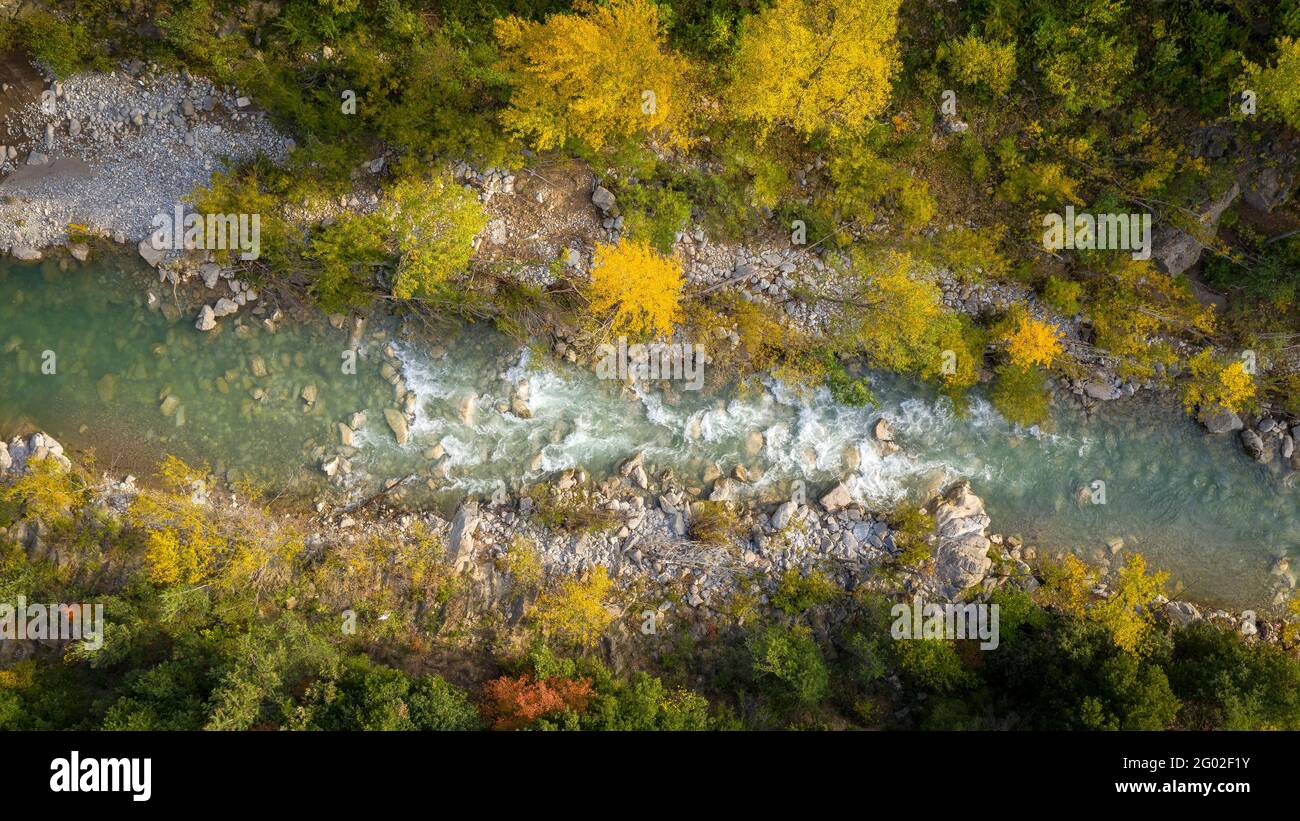Aerial view of the Llobregat river at the Pont del Far bridge, in Cercs ...