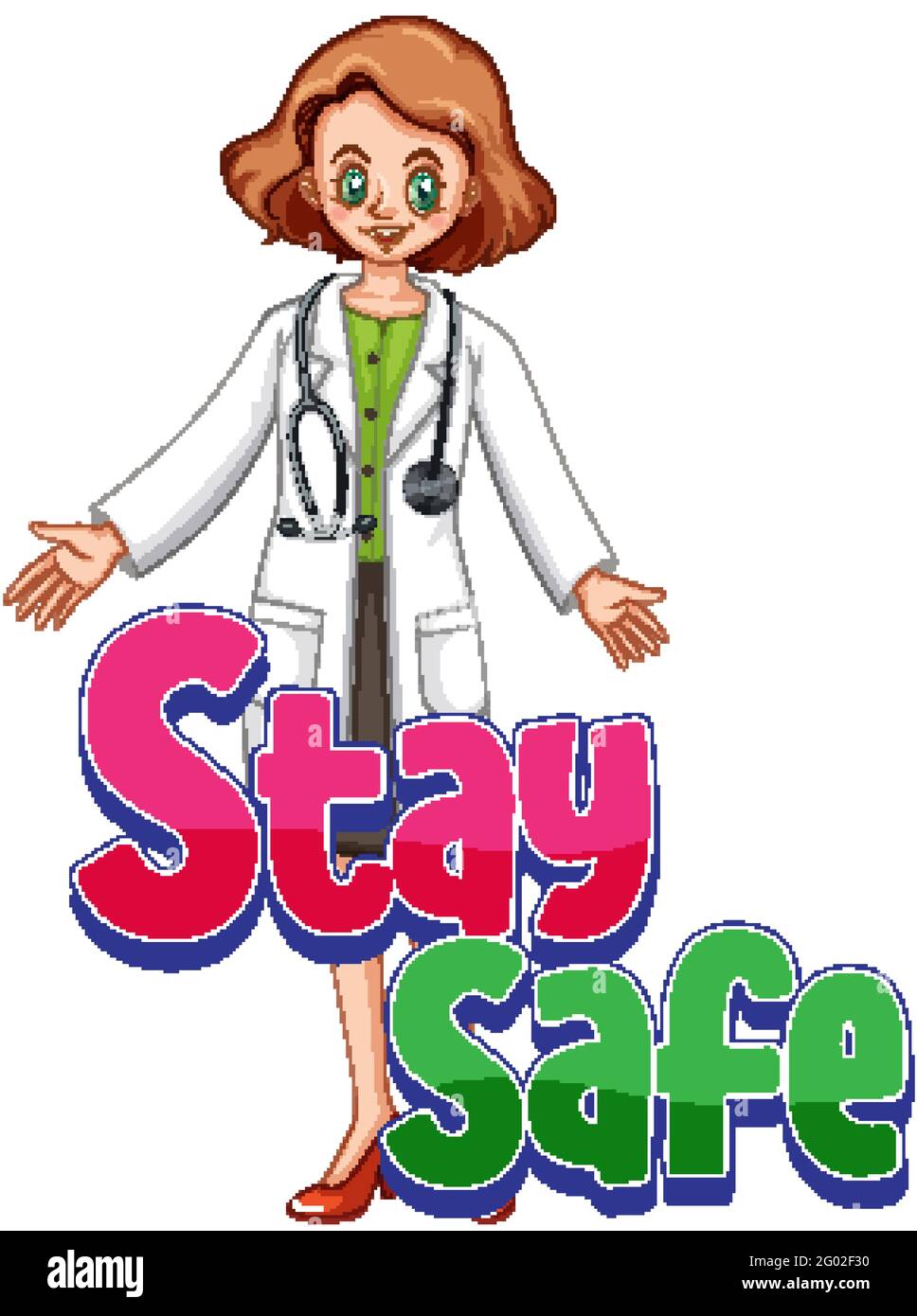 Stay Safe logo with a doctor woman cartoon character isolated ...