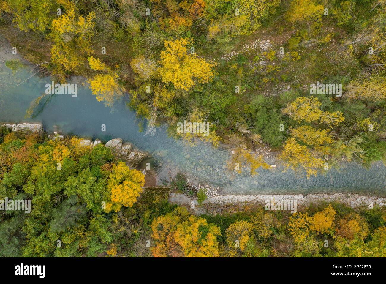 Aerial view of the Llobregat river at the Pont del Far bridge, in Cercs ...