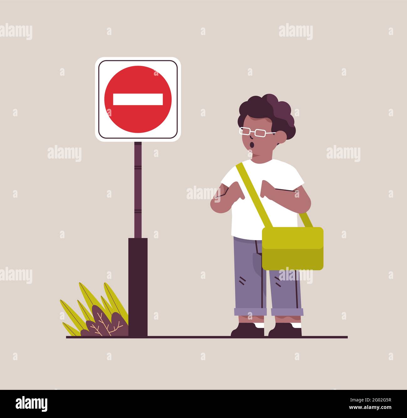 african american schoolboy with backpack standing near red stop road ...