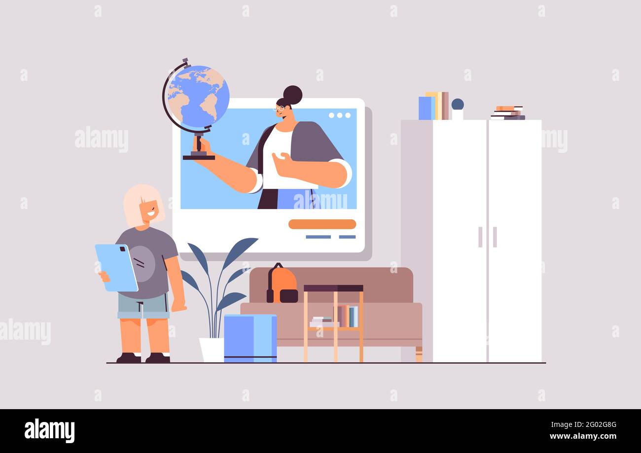 schoolgirl discussing with teacher in web browser window during video ...