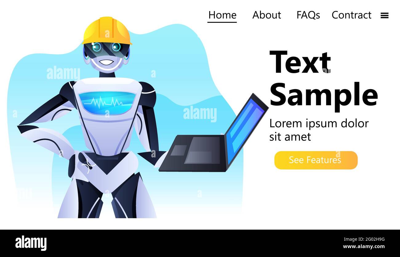 robot engineer in helmet using laptop modern robotic character ...