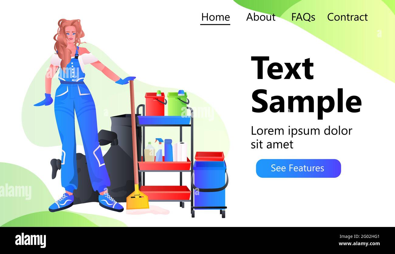 professional cleaner female janitor in uniform with equipment cleaning ...