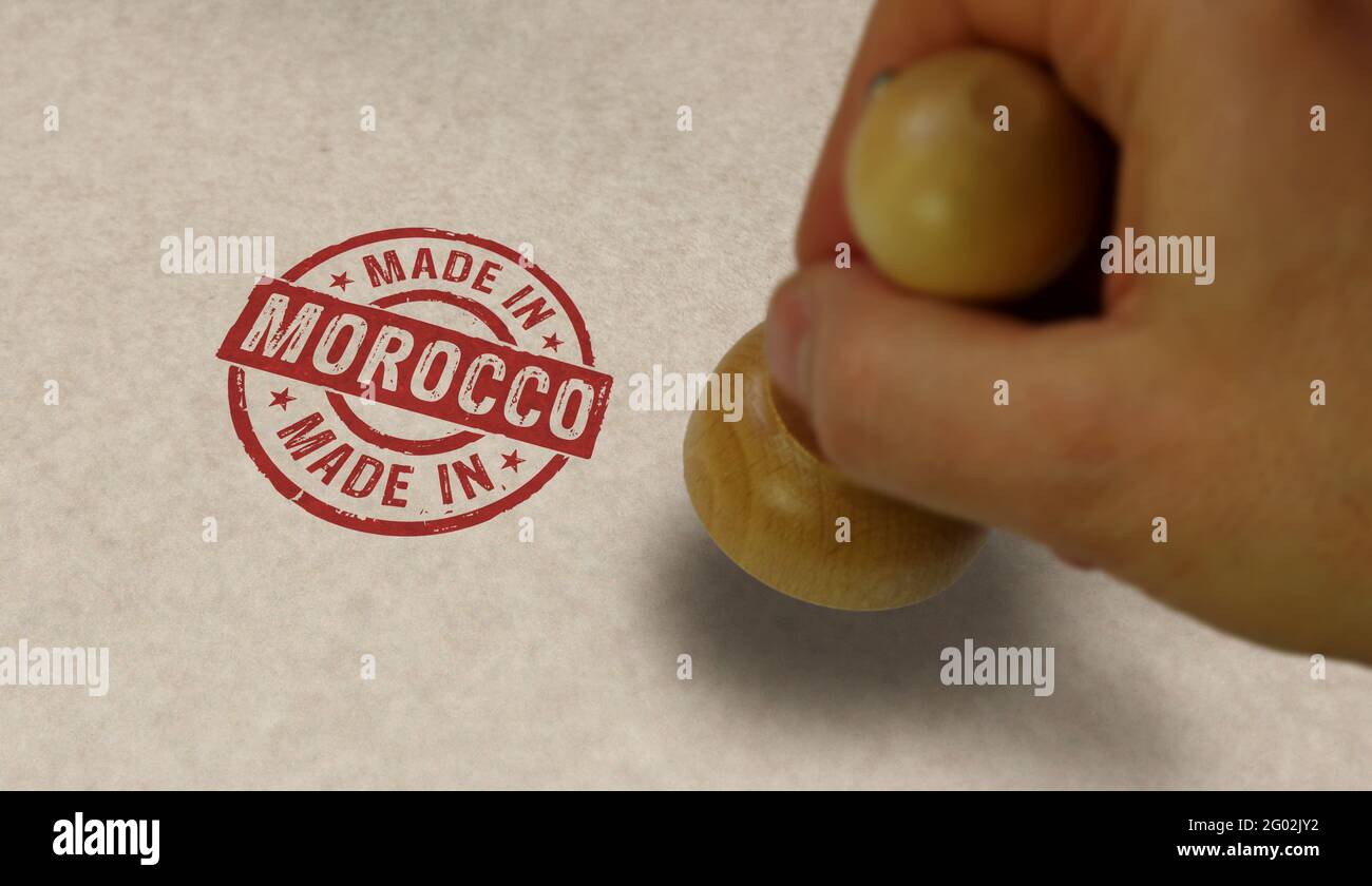 Made in Morocco stamp and stamping hand. Factory, manufacturing and ...