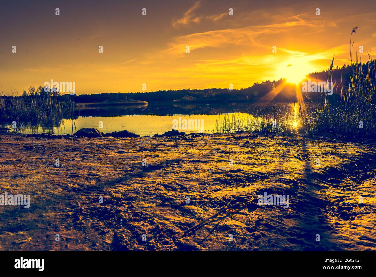 Summer landscape with sunset on the lake. Beautiful orange sundown or ...