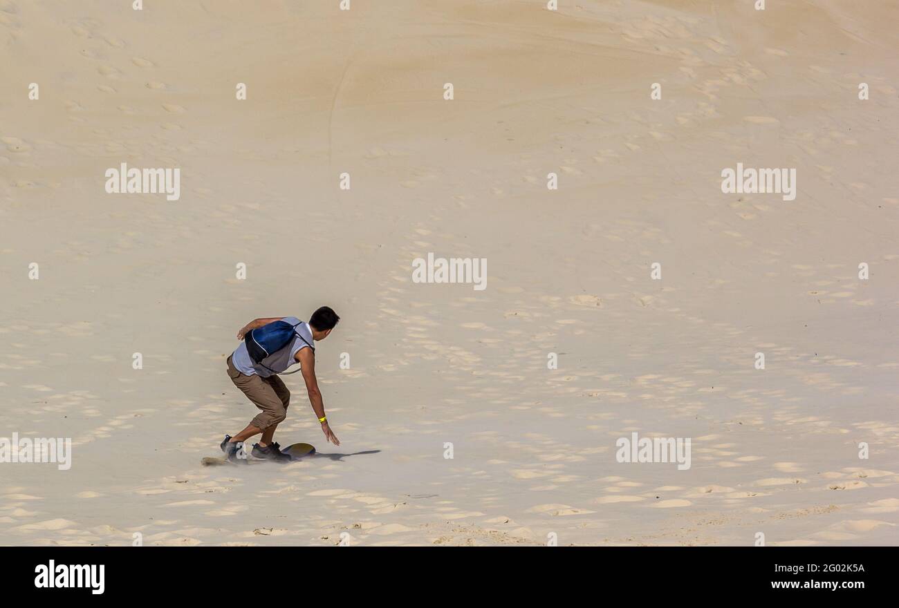 Person with a sandboard in the dunes Stock Photo - Alamy