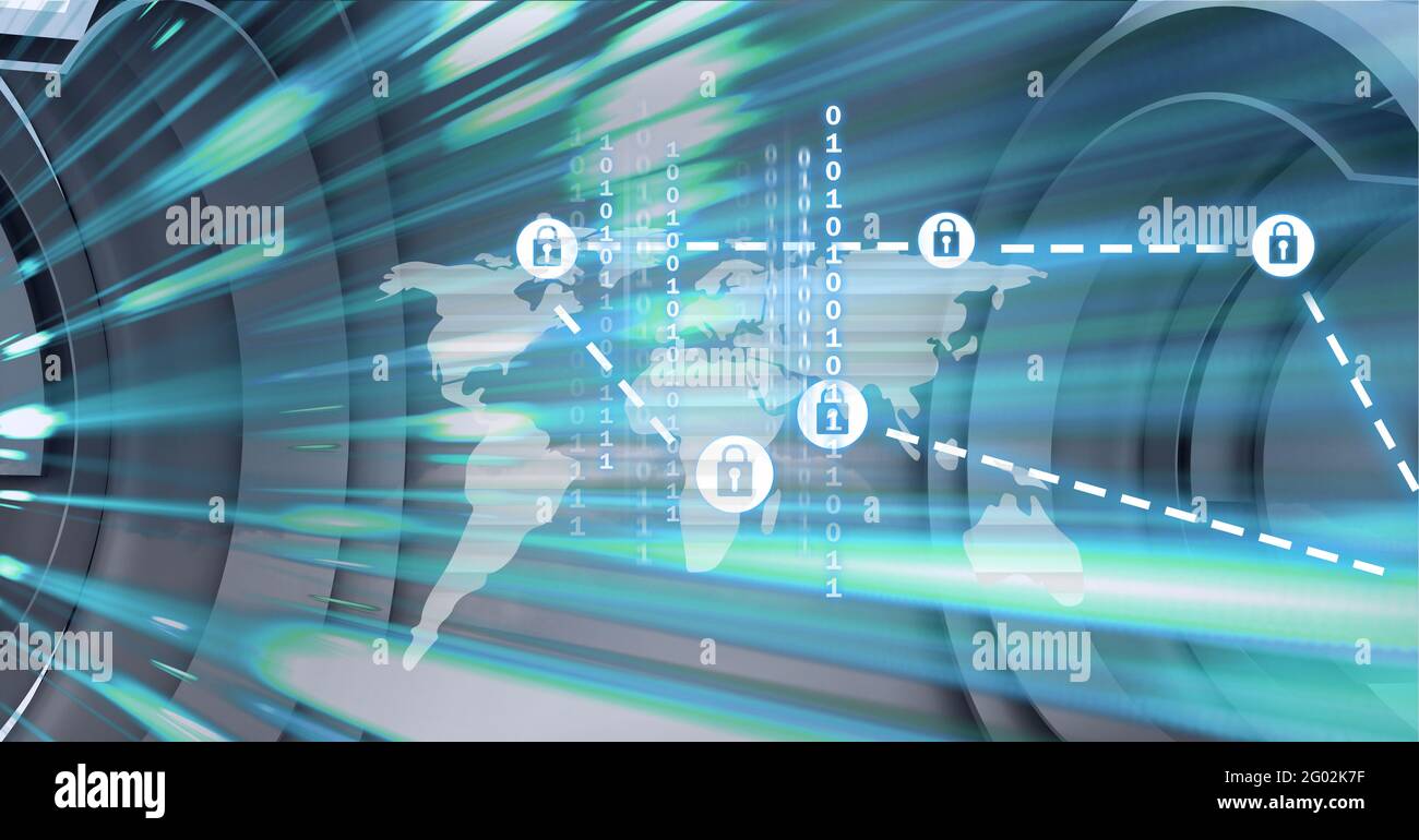 Composition Of World Map And Connected White Padlock Icons On Motion