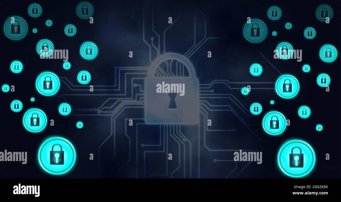 Composition of floating blue padlock icons over grey padlock and ...