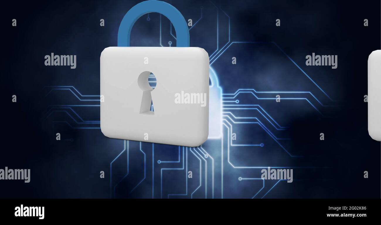 Composition of 3d padlock icon over glowing padlock shape and ...