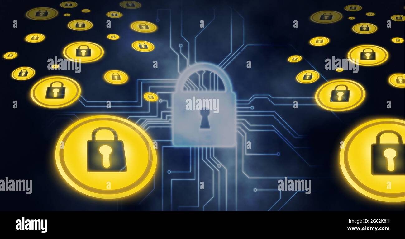 Composition of floating yellow padlock icons over glowing white padlock ...