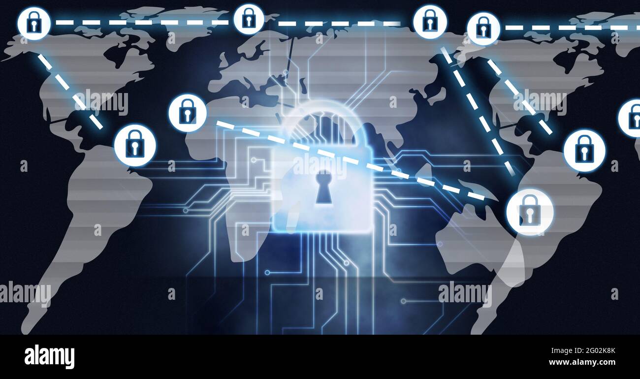 Composition of connected white padlock icons over padlock, world map ...