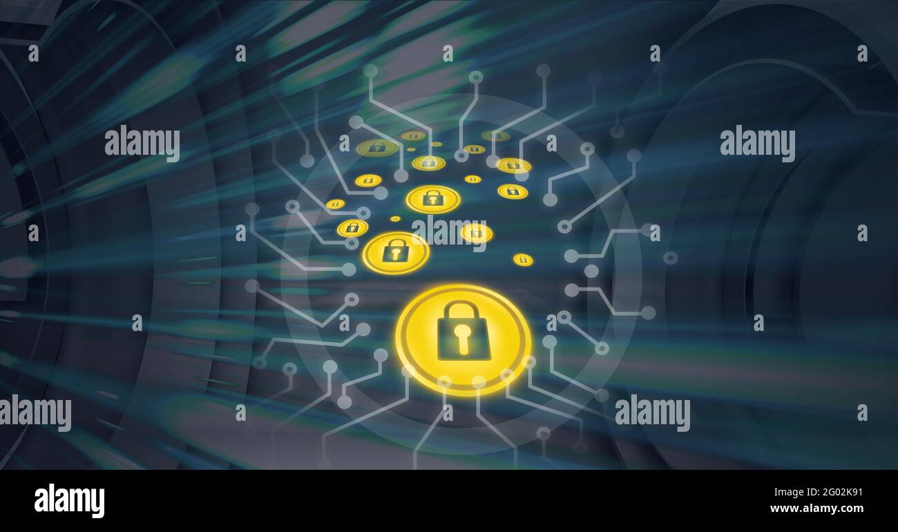 Composition of yellow padlock icons with circuits on dark motion ...