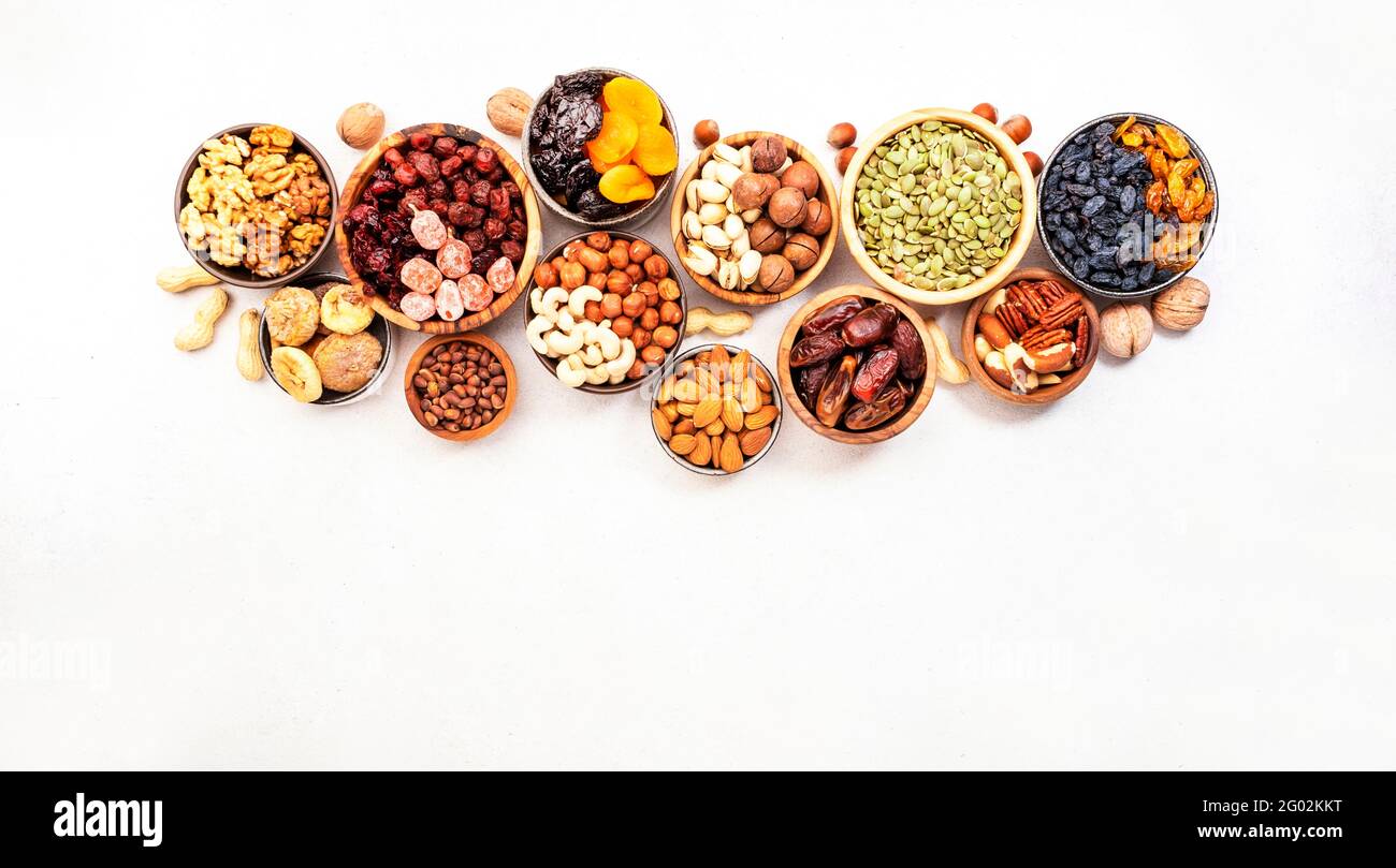 Nuts and dried fruits. Dried apricots, figs, raisins, pecans, walnuts, hazelnuts, almonds and ...