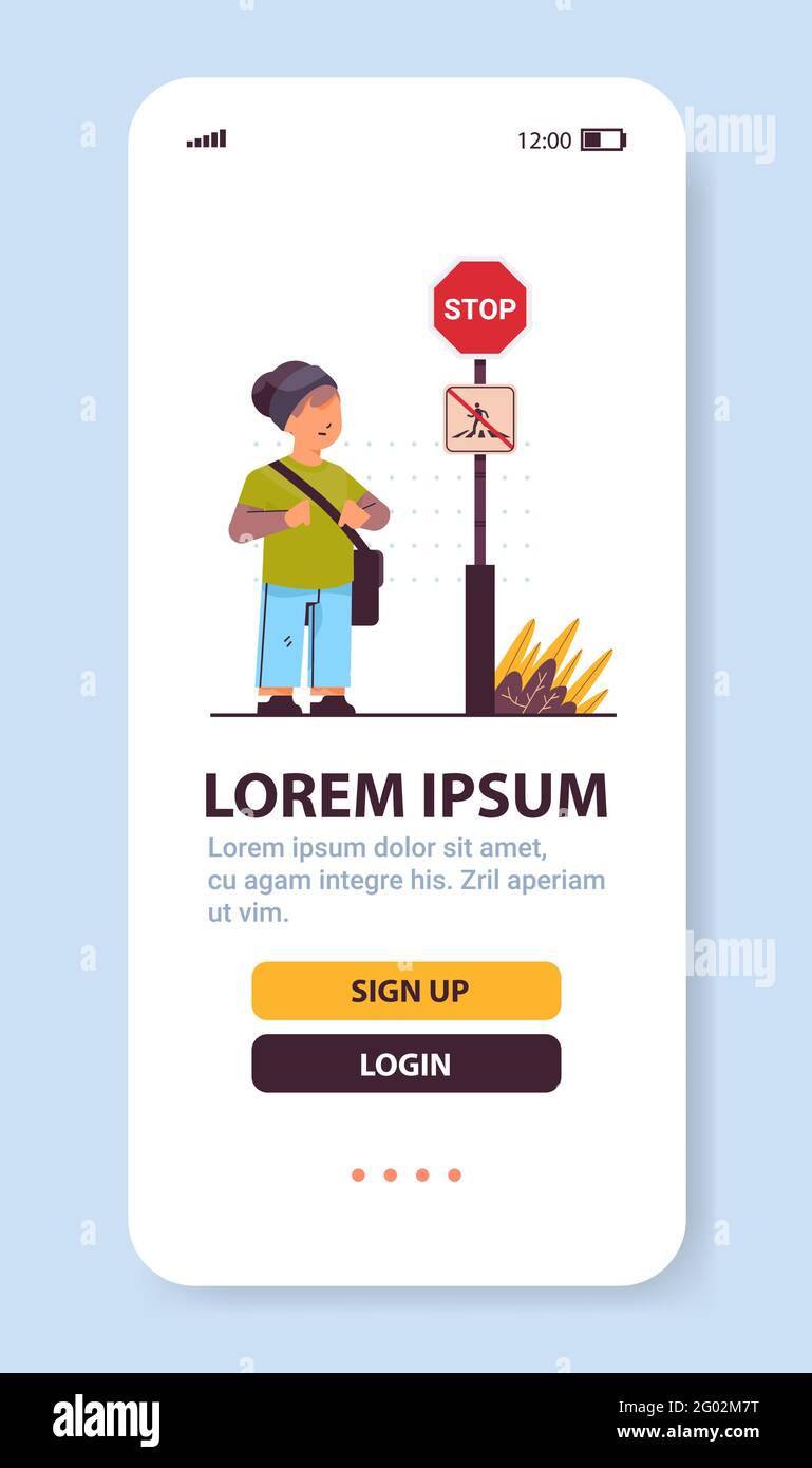 schoolboy with backpack standing near red stop road sign road safety ...