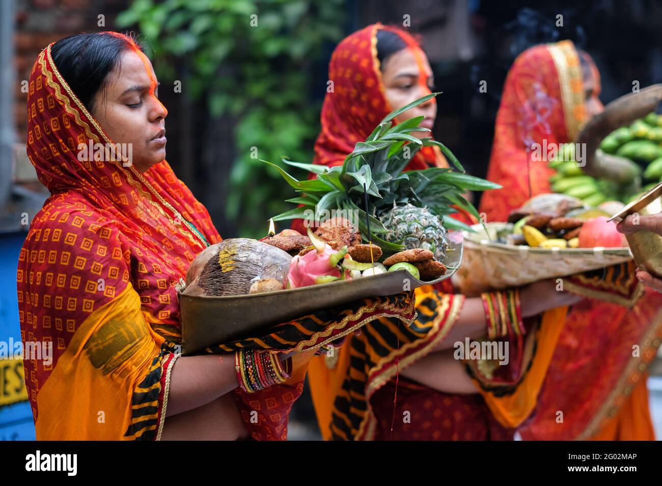 KOLKATA, INDIA - Nov 21, 2020: The Chat puja ritual in the river Ganga ...