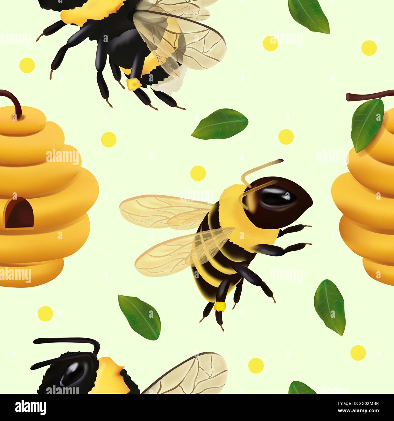 Seamless pattern with Bumble bee, beehive, honey bee, leaf. Pattern ...