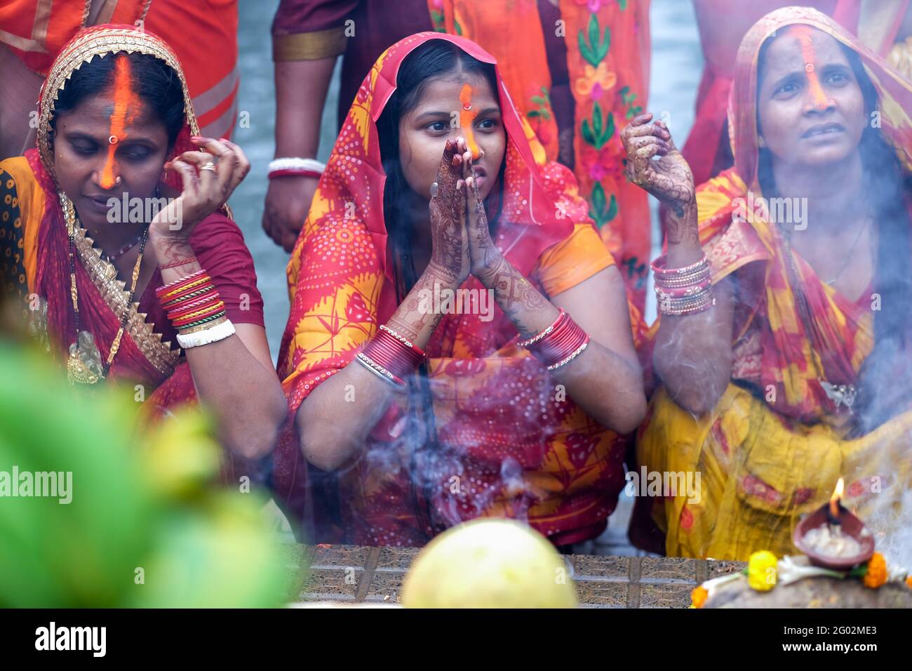 KOLKATA, INDIA - Nov 21, 2020: The Chat puja ritual in the river Ganga ...