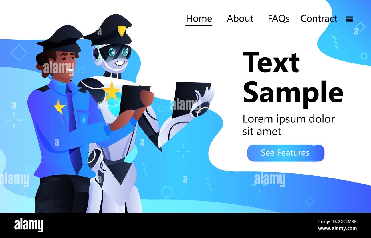 police robot with african american patrol man cops in uniform using ...