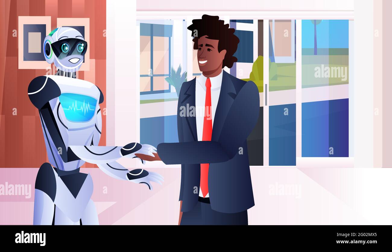 businessman and robot handshaking during meeting agreement partnership ...