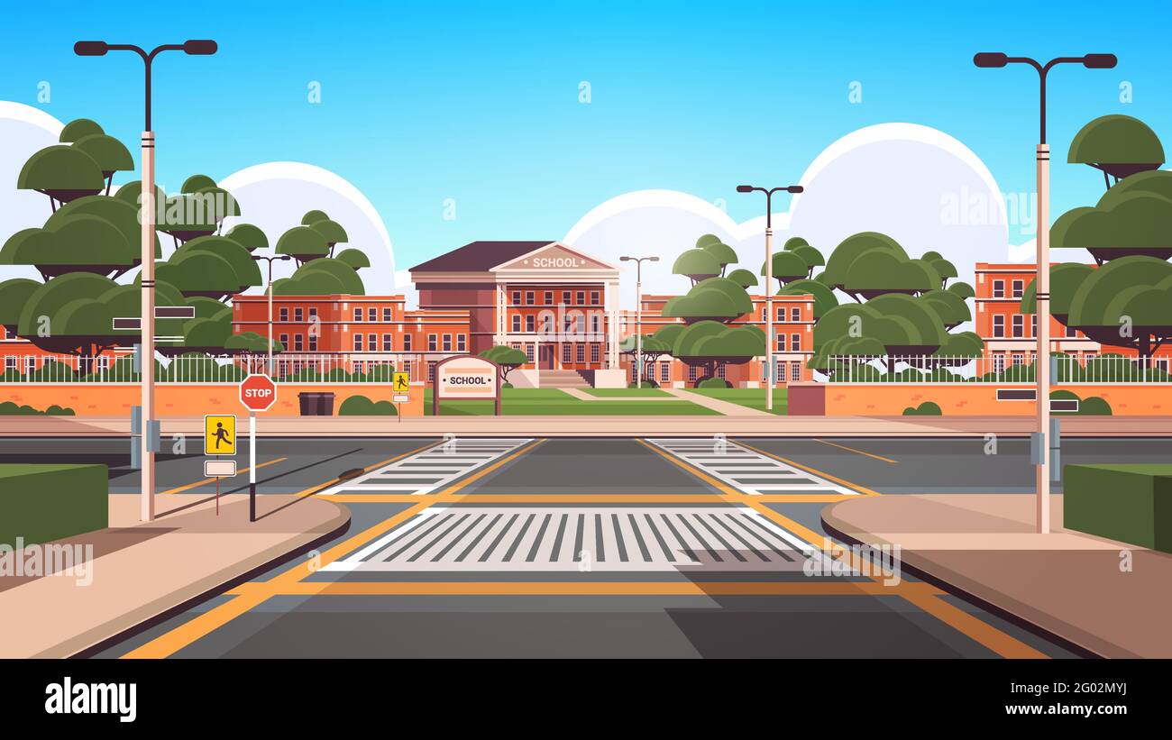 school building empty front yard with green trees road crosswalk summer ...