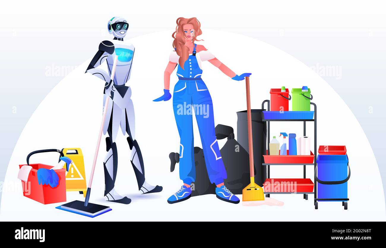 robotic janitor with woman cleaner robot vs human standing together ...