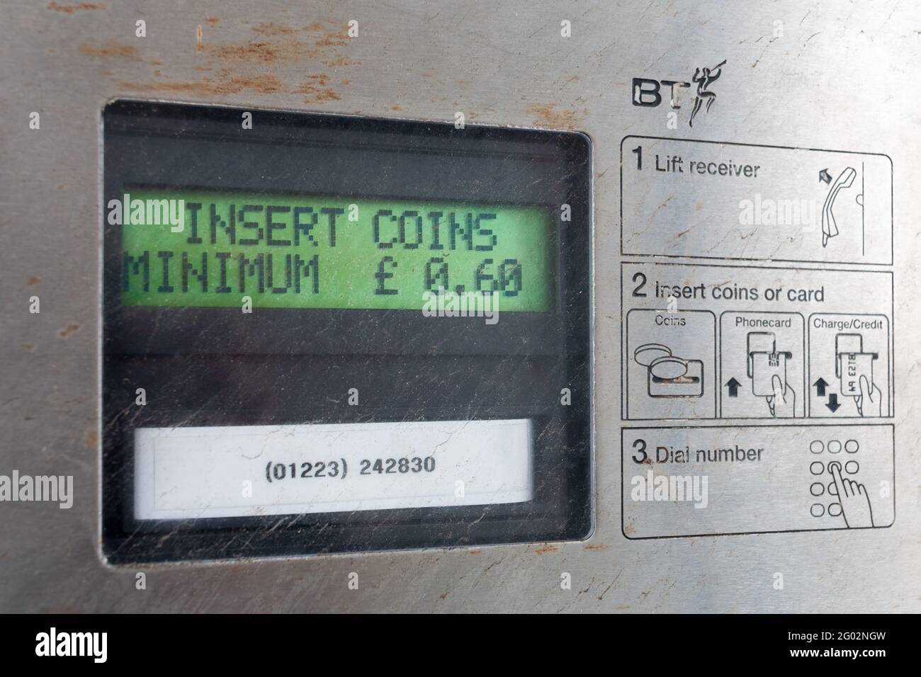 A scruffy British Telecom public pay phone with instructions on how to ...