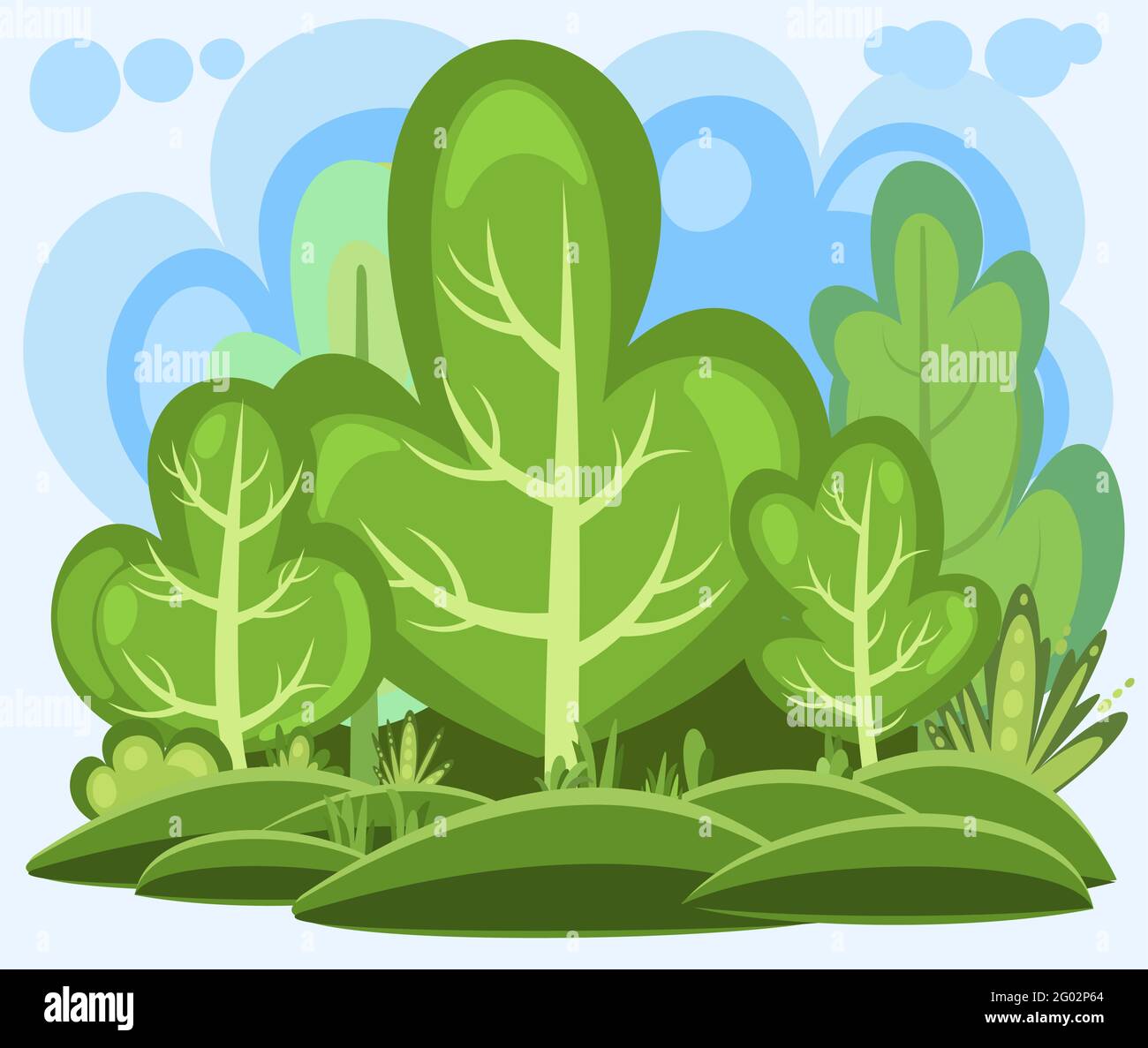 Flat forest. Illustration in a simple symbolic style. Funny green rural ...