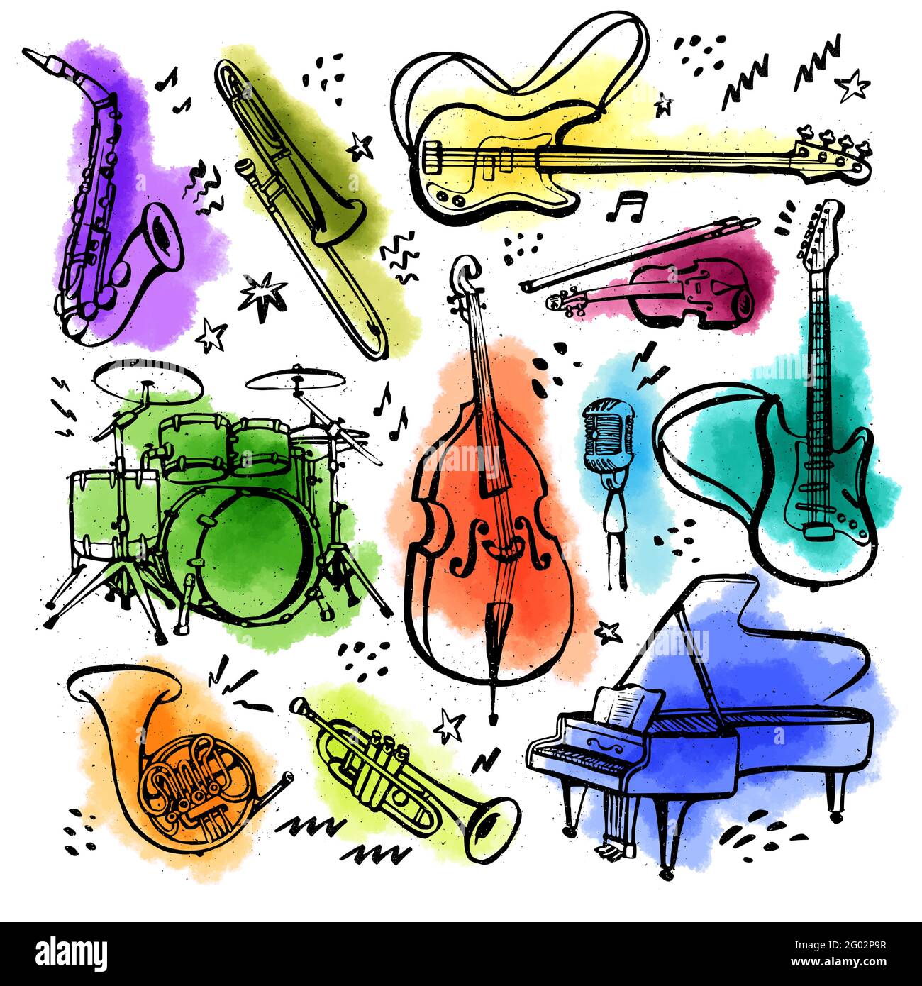 Hand-drawn set of musical instruments. Ink style vector illustration ...