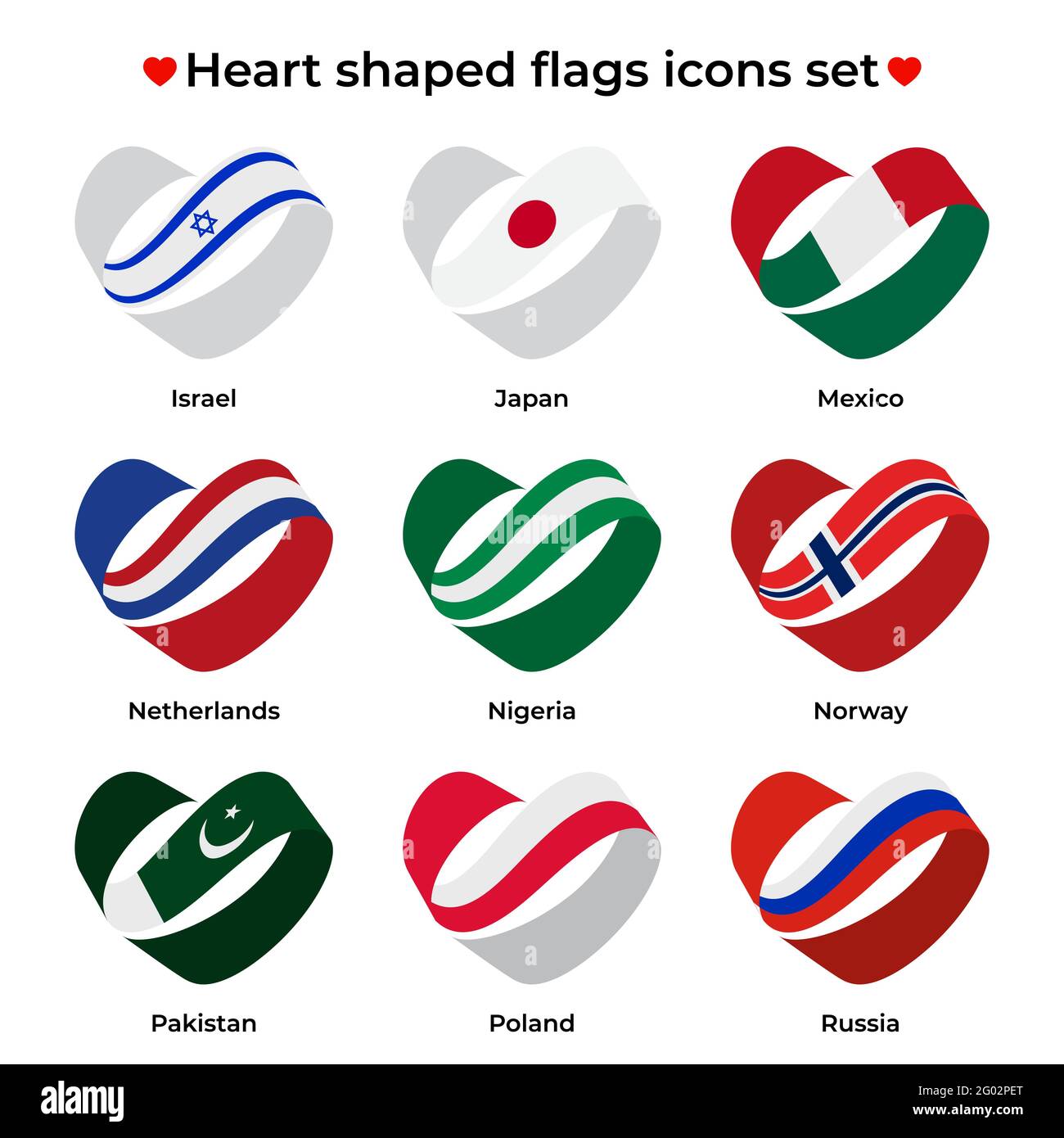 Heart shaped flags icons set. Icon flag from Ribbon curls. Vector icon ...