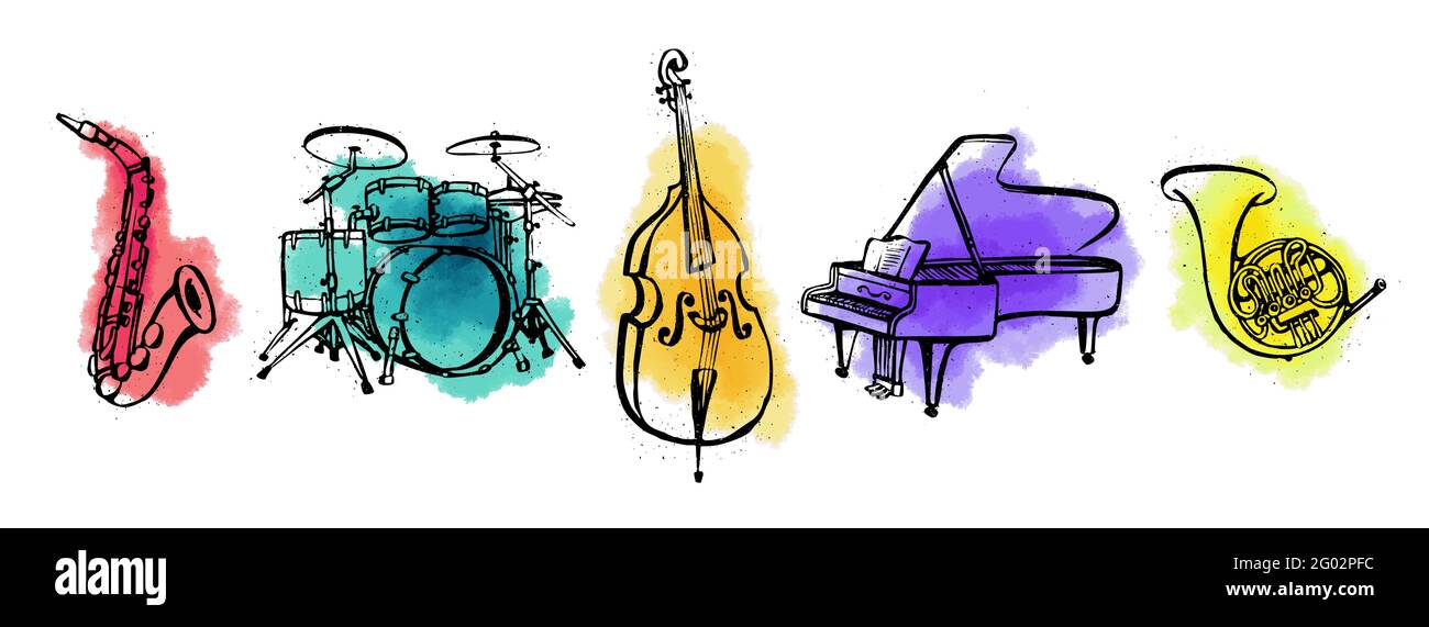 Hand-drawn music instruments. Orchestra. Horizontal banner or cover for ...