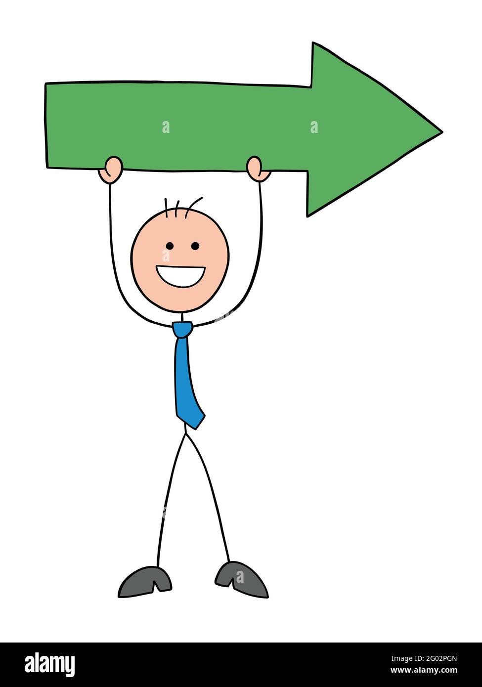 Stickman businessman character holding up right arrow, vector cartoon ...
