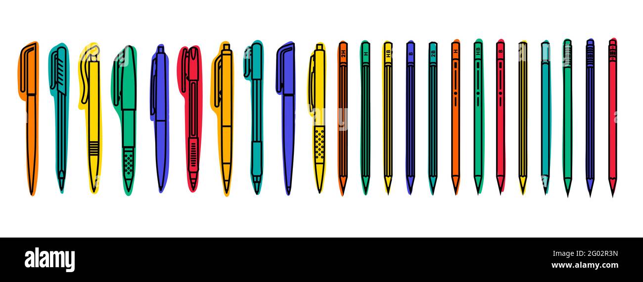 Stationary collections. Colored pens and pencils on white background ...